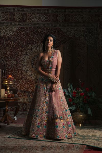 Mink grey structured lehenga by Rachit Khanna