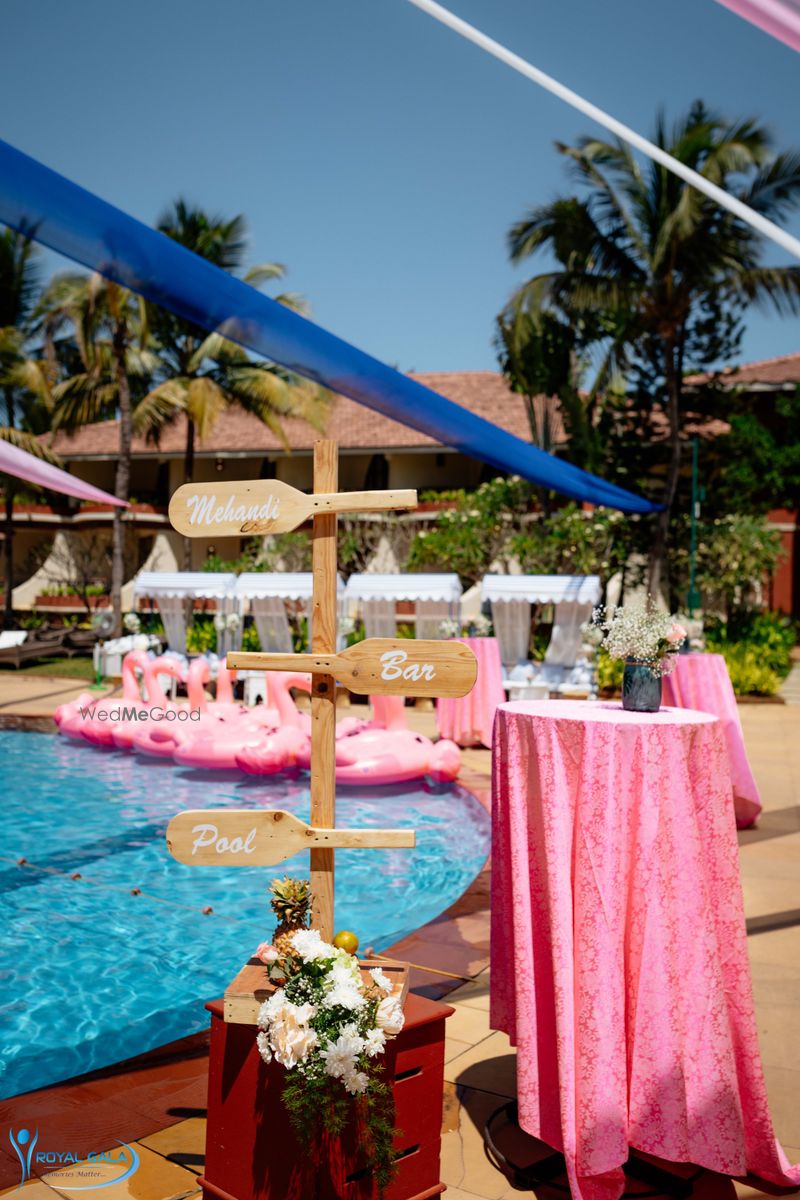 Photo of Wooden signage for directions at a pool party.