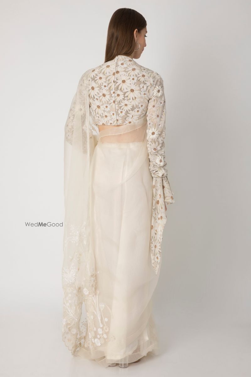 Ivory saree with printed blouse by House of Masaba