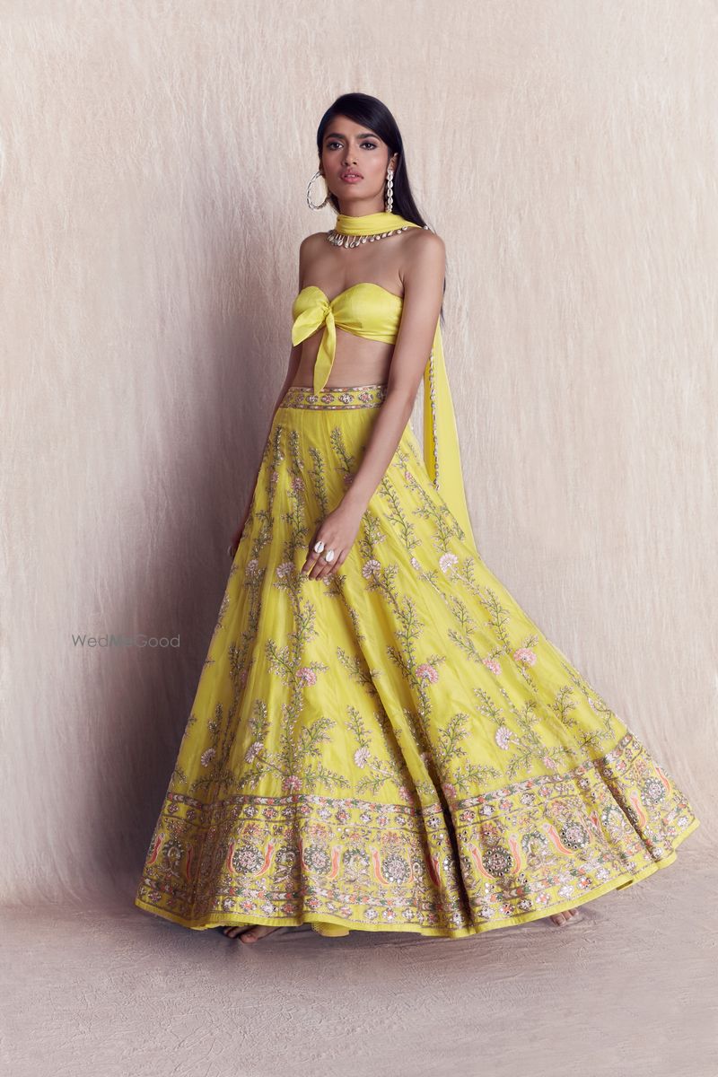 Pinapple yellow fan flower embroidered lehenga by Arpita Mehta