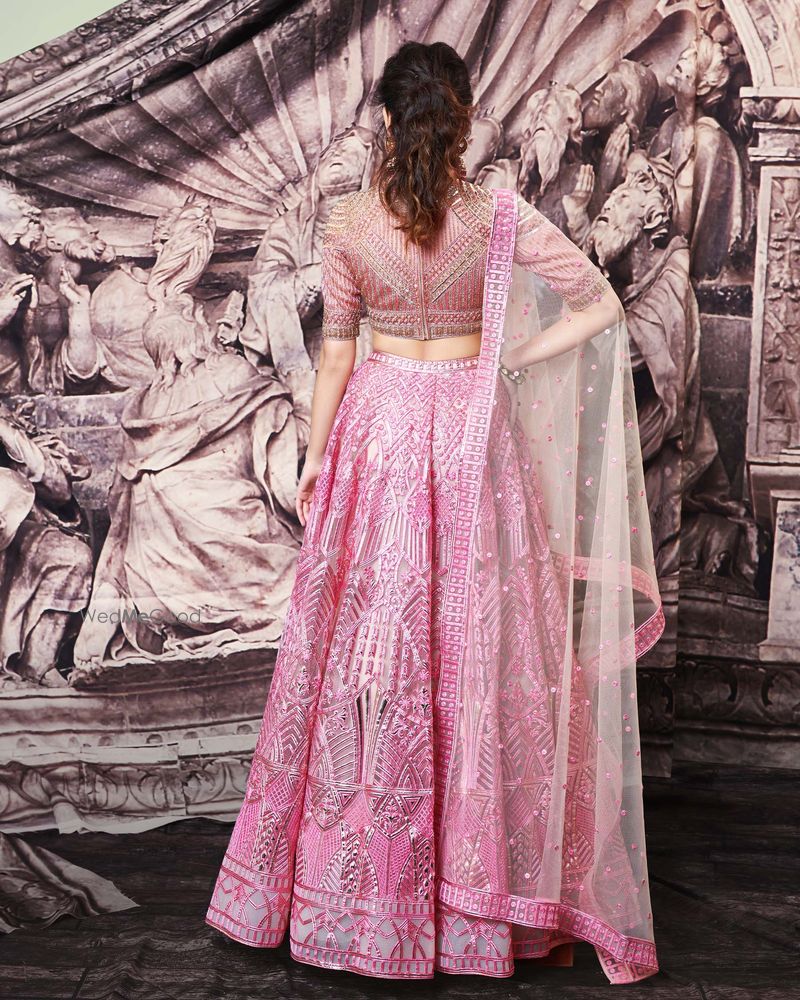 Beige tulle lehenga with foil work by Falguni Shane Peacock