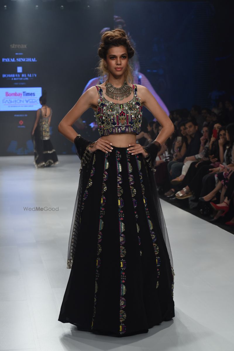 Black choli with georgette lehenga by Payal Singhal