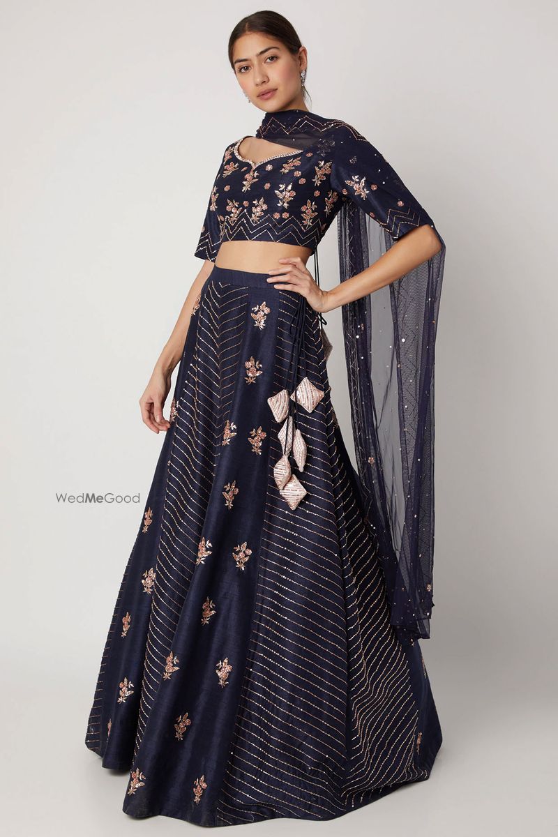 Navy blue chevron lehenga by Pink Peacock Couture