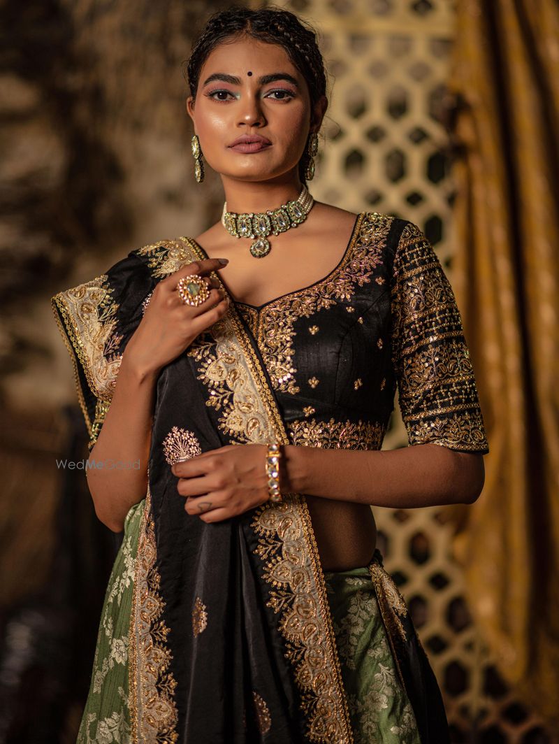 Black Pista elephant motif lehenga by Asopalav