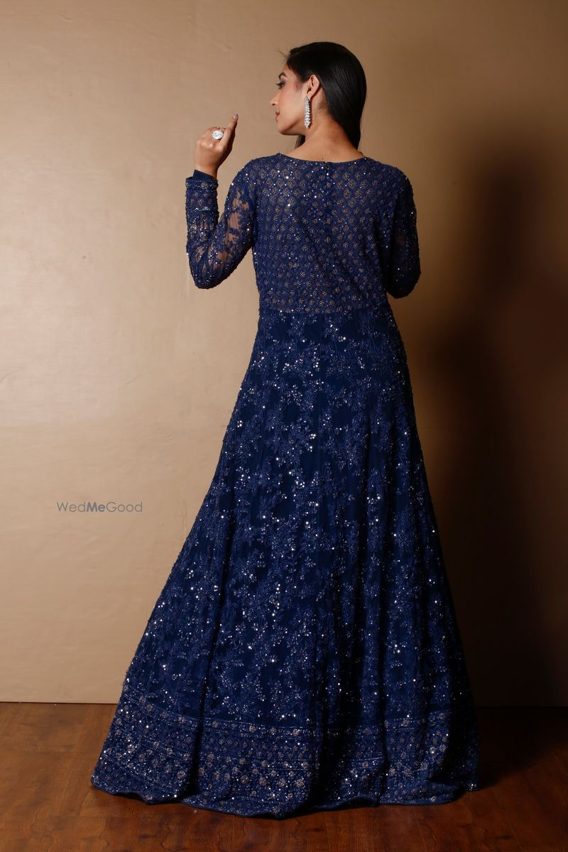Deep blue shimmer full sleeves gown by Zari Jaipur