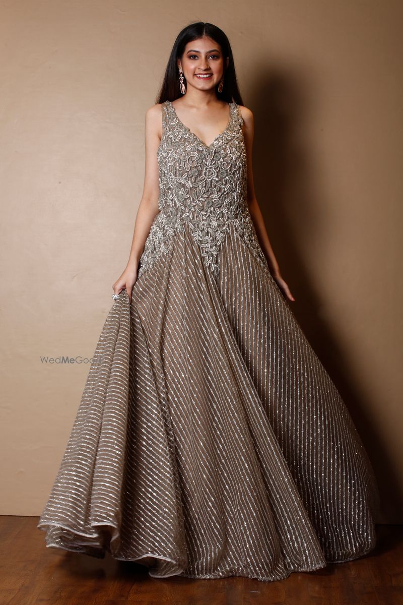 Grey heavy embellished gown in net by Zari Jaipur