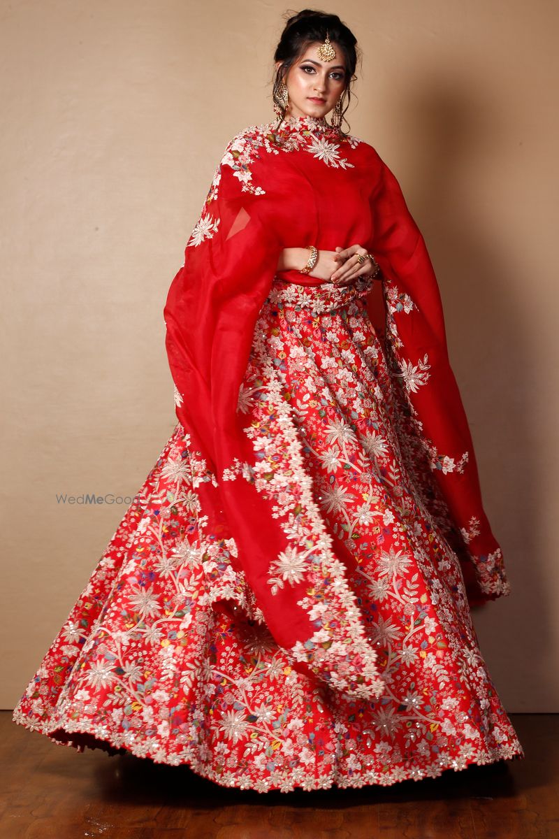 Red raw silk floral and sequins lehenga by Zari Jaipur