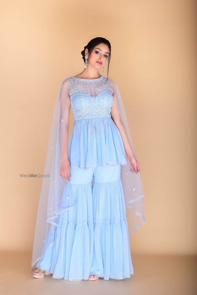 Light blue peplum and cape sharara by Frontier Bazarr