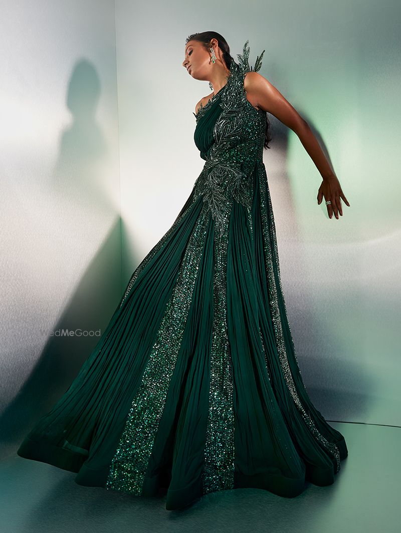 Deep green statement evening gown by Asopalav