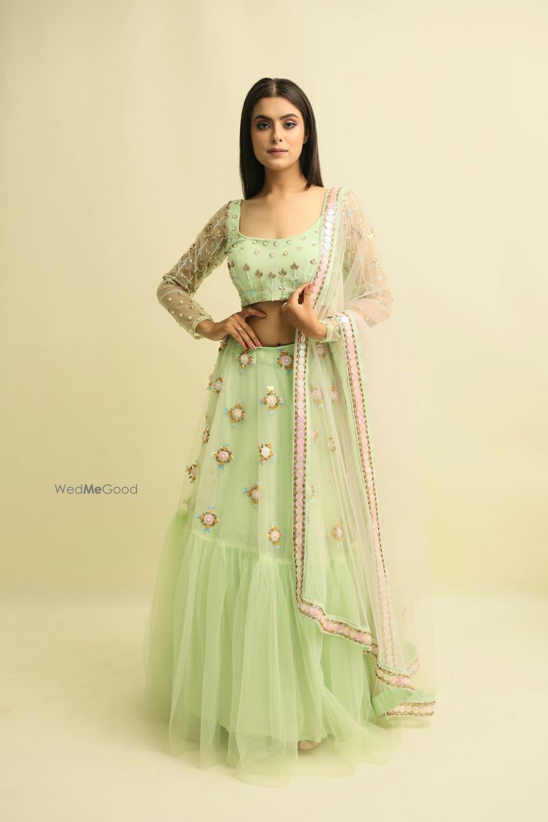 Green Ruffle Lehenga with embroidery work