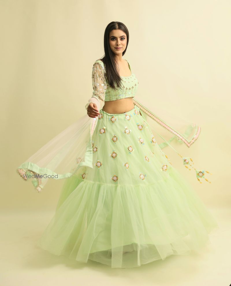 Green Ruffle Lehenga with embroidery work