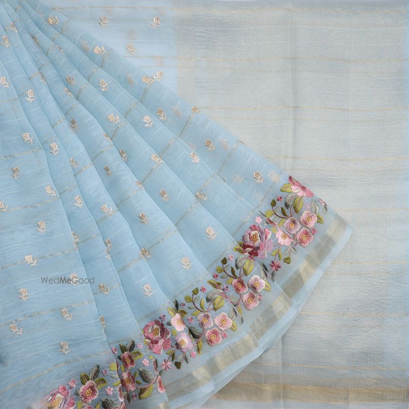 Ice Blue Organza Saree With Floral Embroidery