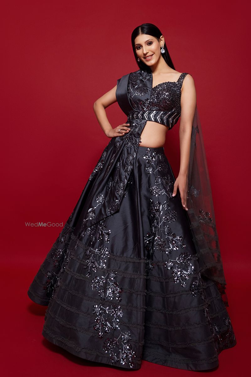Dark Grey Silk Sequinned Worked Flared Lehenga