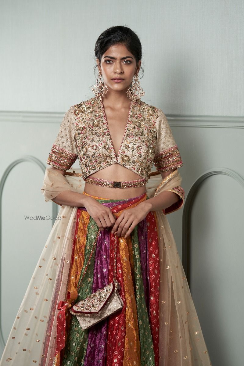 Multicolored lehenga with low neck blouse by QBIK